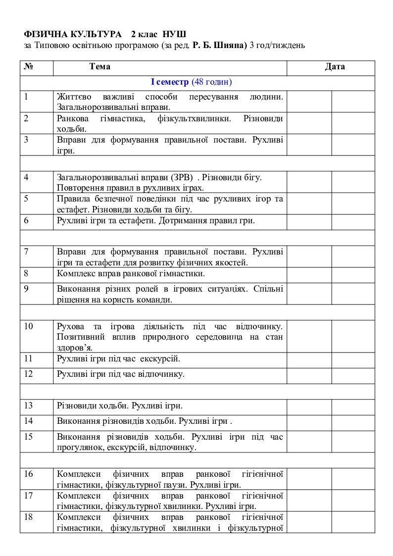 НУШ Календарне планування ФІЗИЧНА КУЛЬТУРА 2 клас І семестр Конспект НУШ