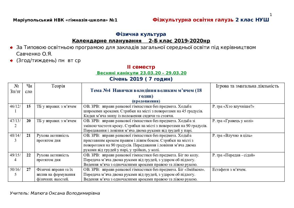 Календарне планування Фізкультура 2 клас НУШ ІІ семестр Інші методичні матеріали Фізична