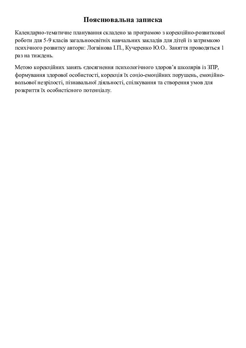 Календарно тематичне планування з корекції розвитку ЗПР 8 клас КТП Психологія