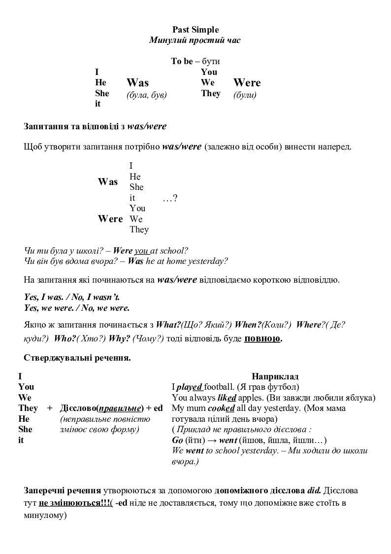 Past Simple (пояснення утворення та вживання) | Інші методичні ...