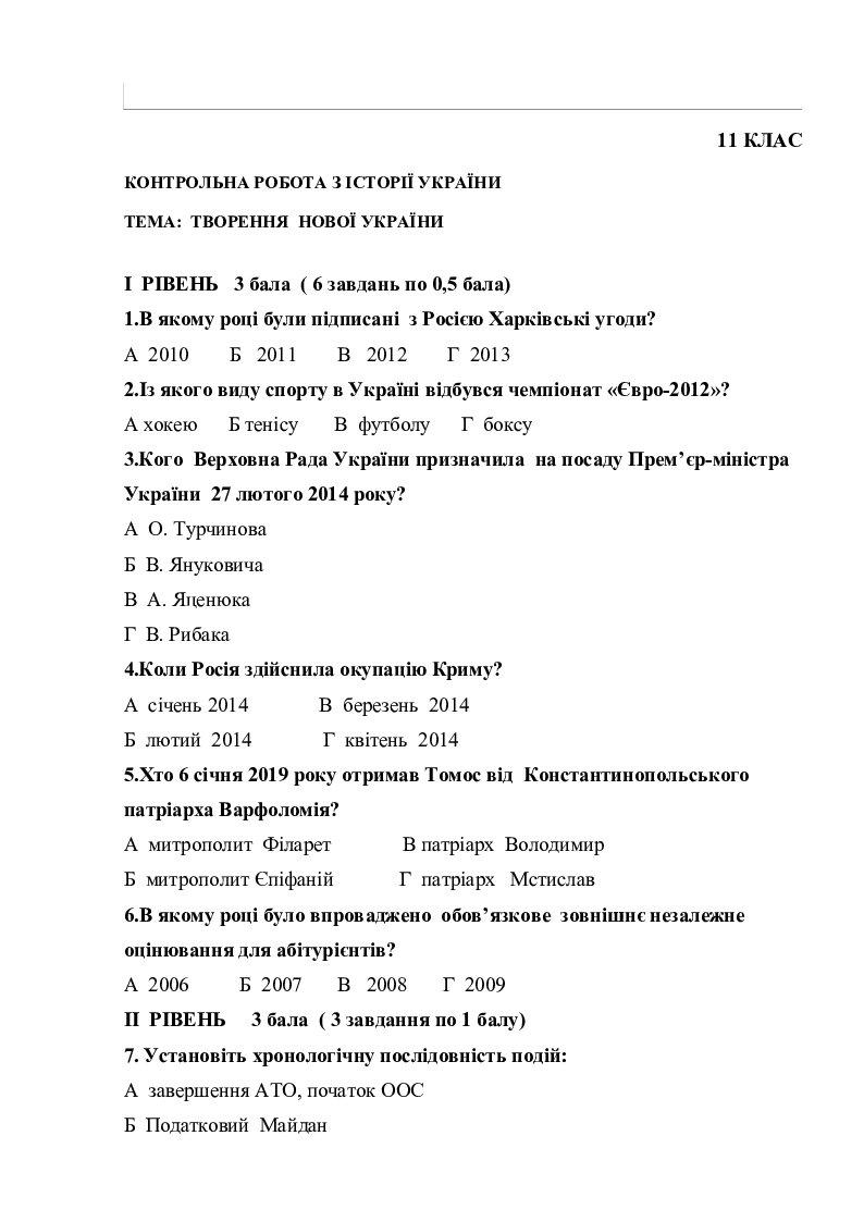Контрольна робота з історії України 11 клас Тест Історія України